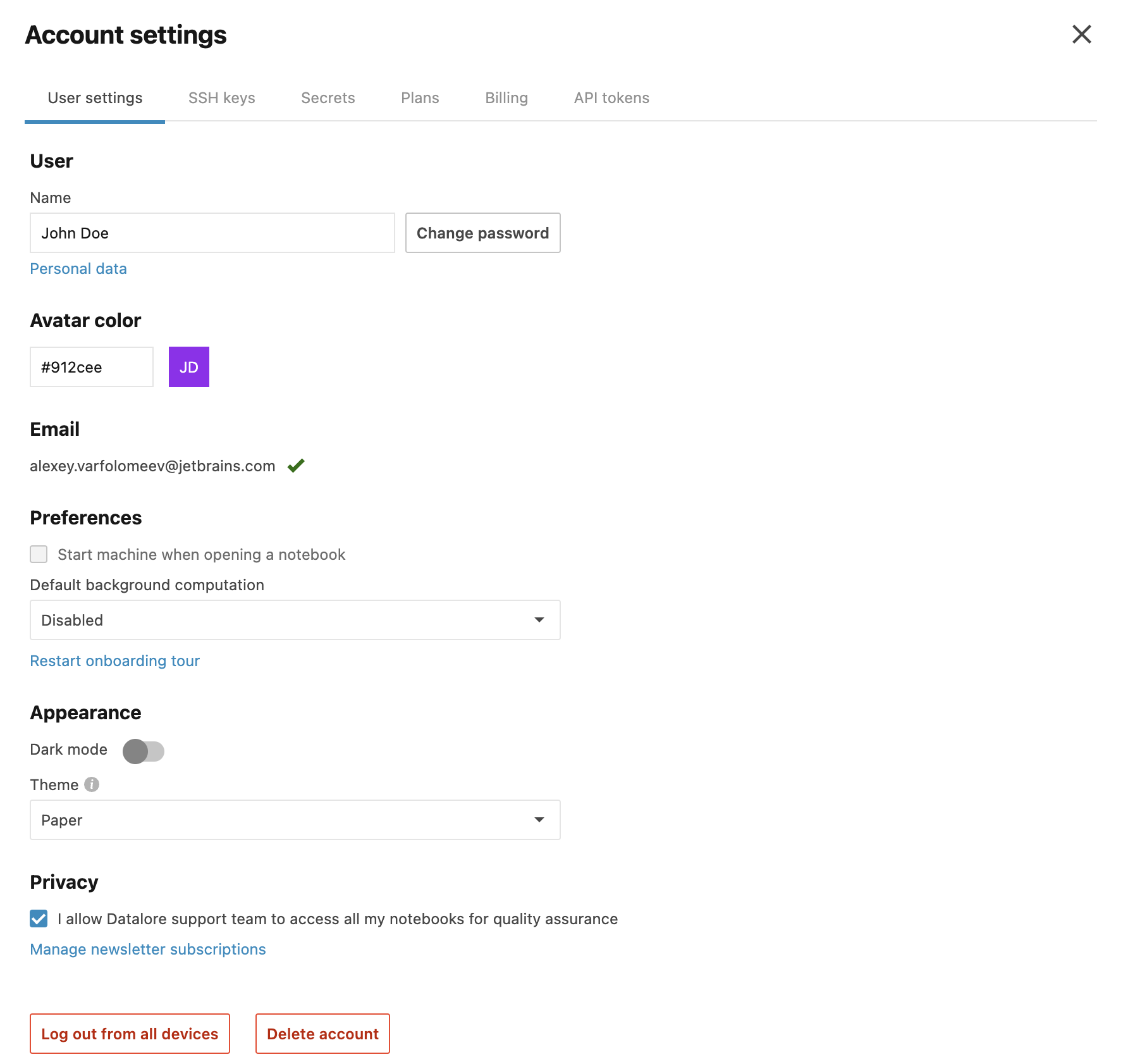 User settings | Datalore Documentation