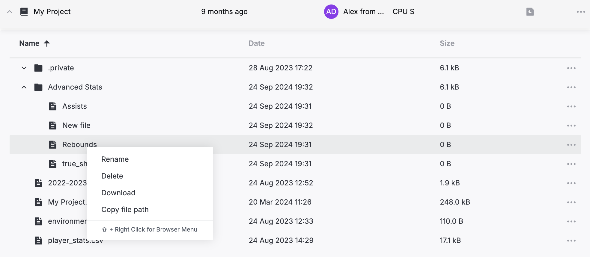 Manage files on the Home page | Datalore Documentation