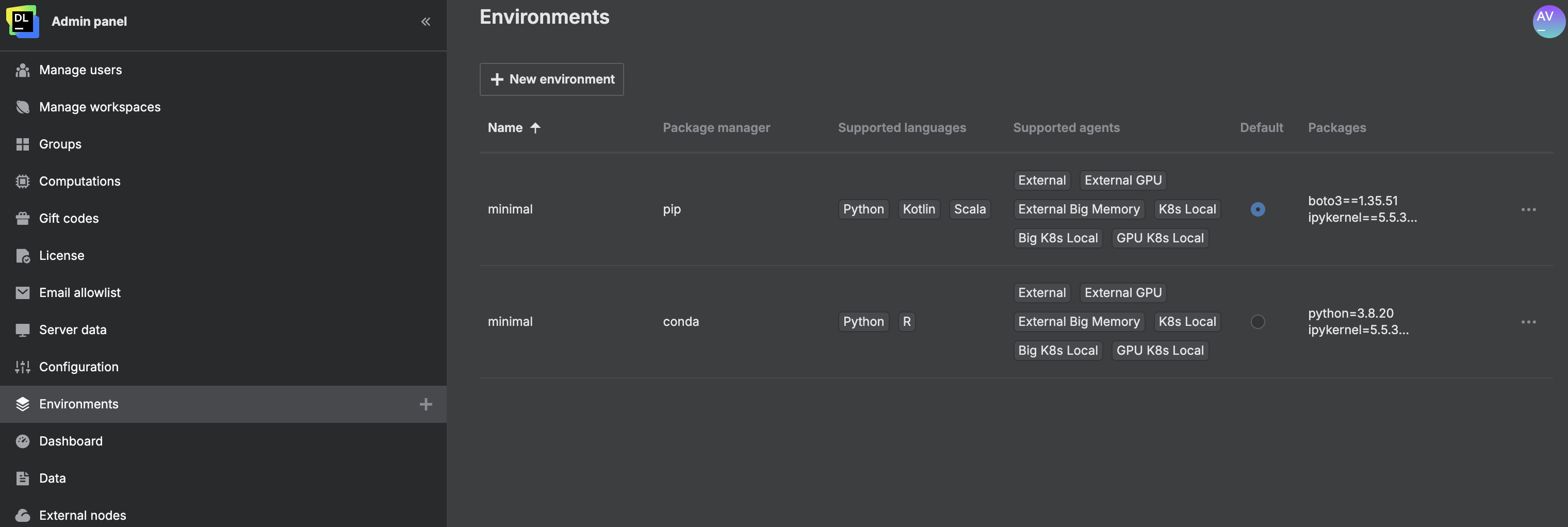 Configure global environments | Datalore Documentation