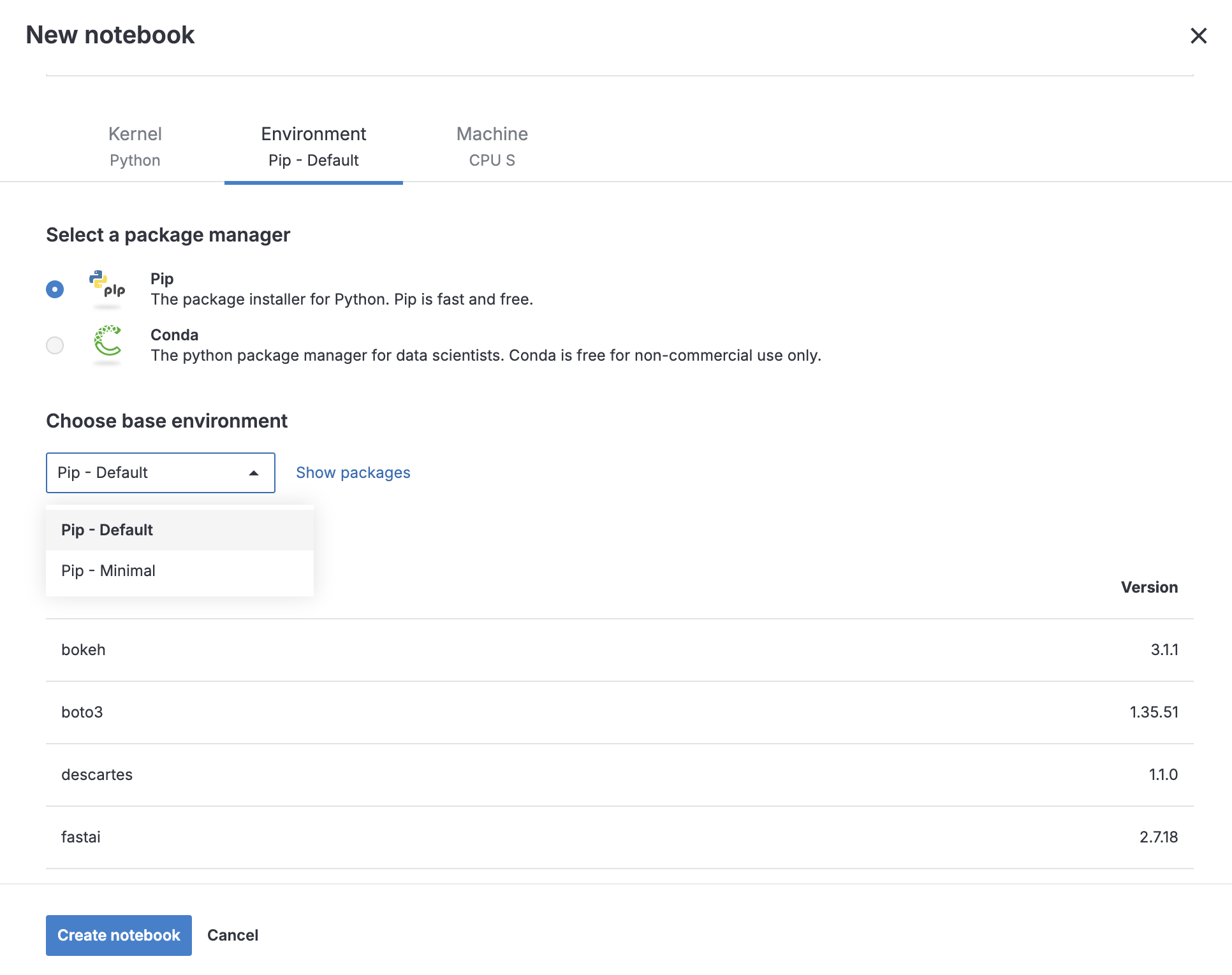 Choose a package manager for a new notebook | Datalore Documentation