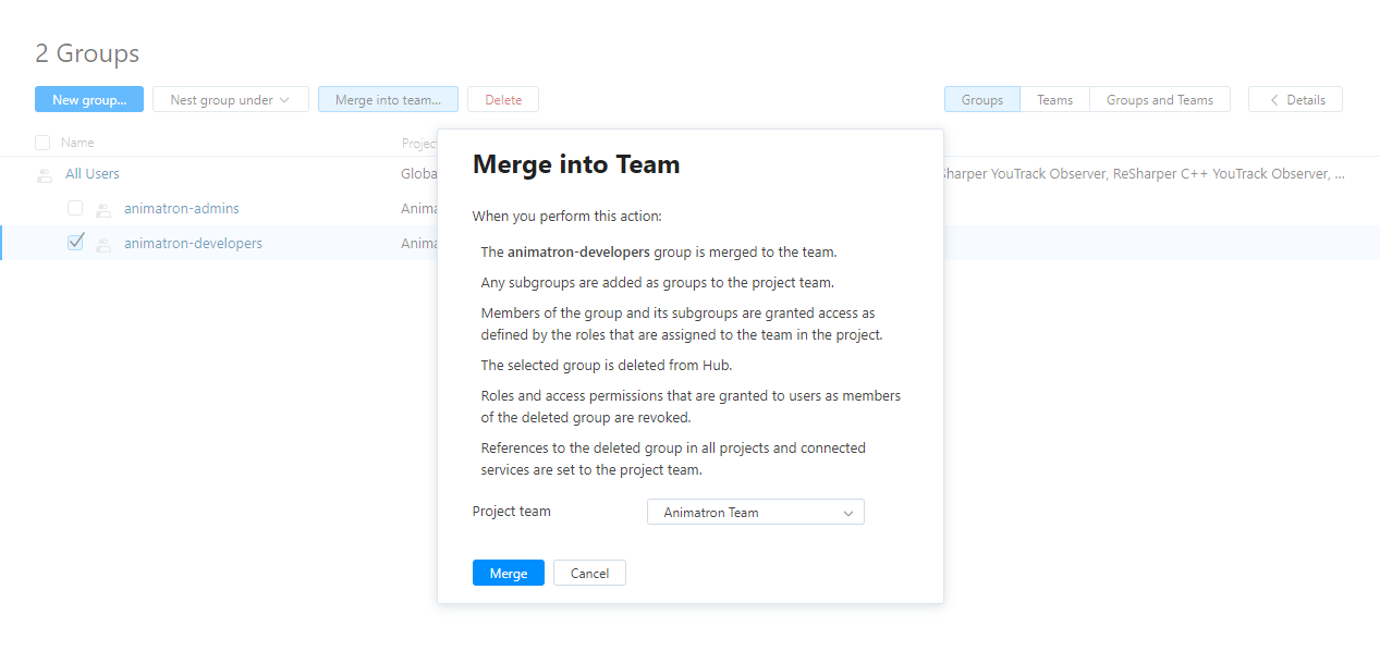 Merge a Group into a Project Team | Hub Documentation