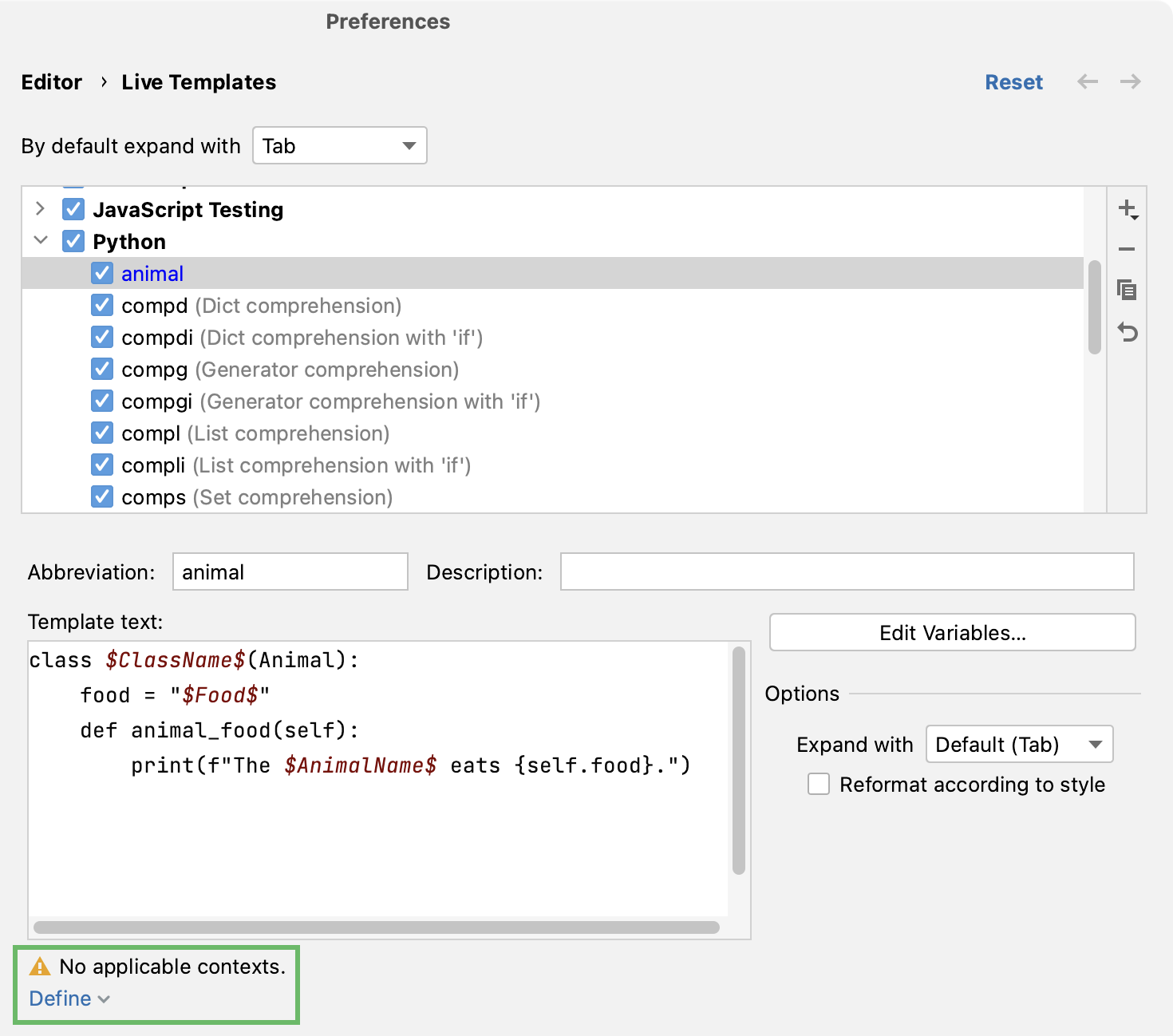 Live template variables | PyCharm Documentation