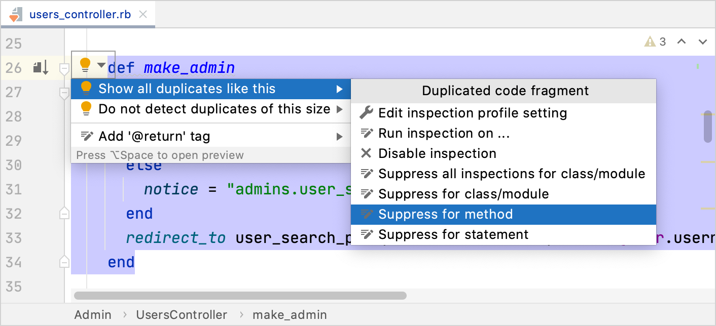 Inspection: Duplicated code fragment | RubyMine Documentation