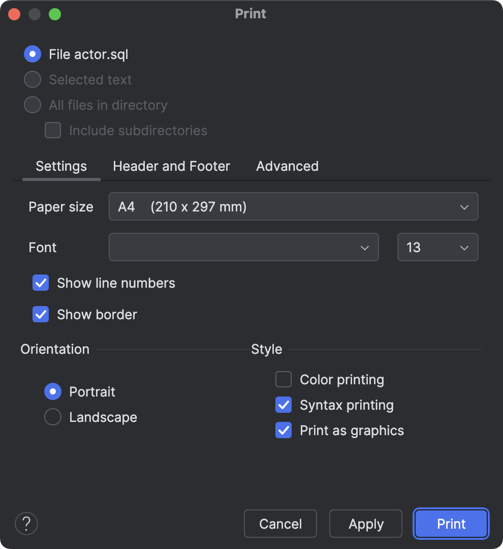 Print files | DataGrip Documentation
