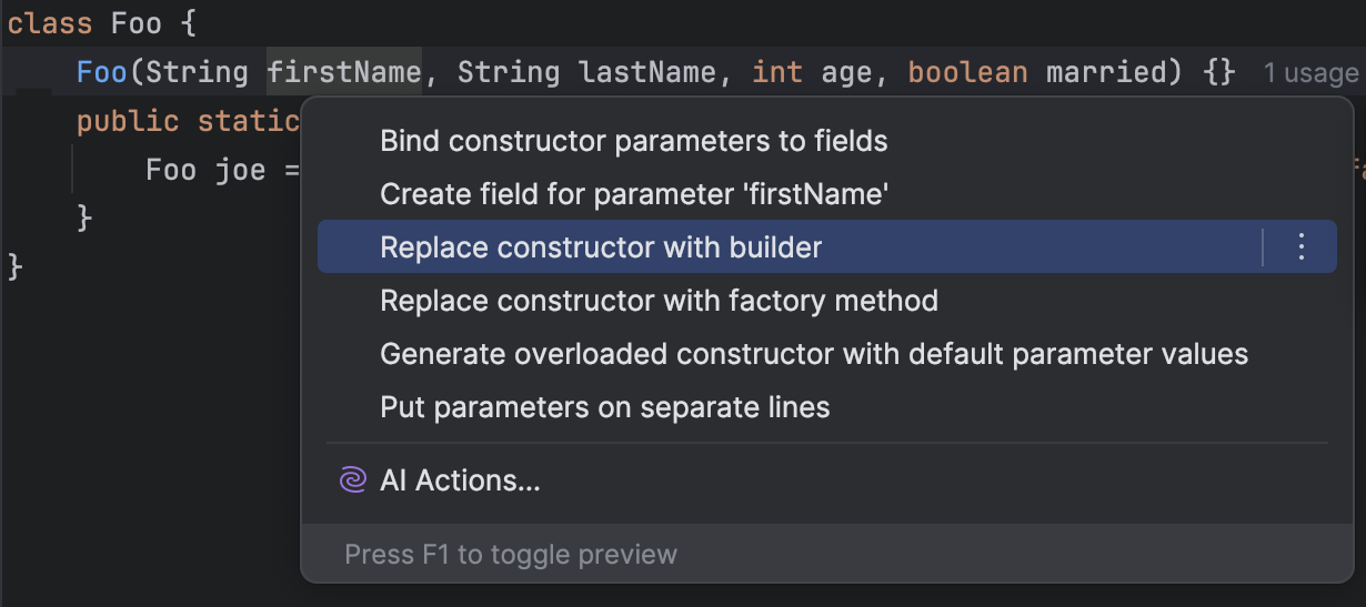 Replace constructor with builder | IntelliJ IDEA Documentation