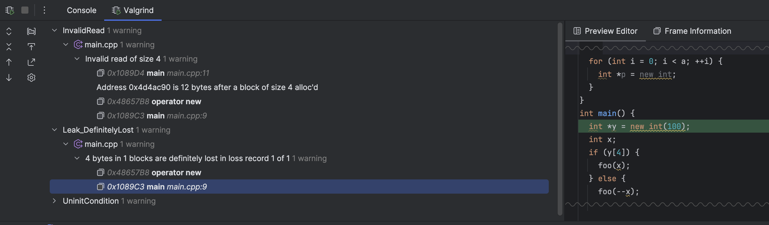 Valgrind memcheck | CLion Documentation