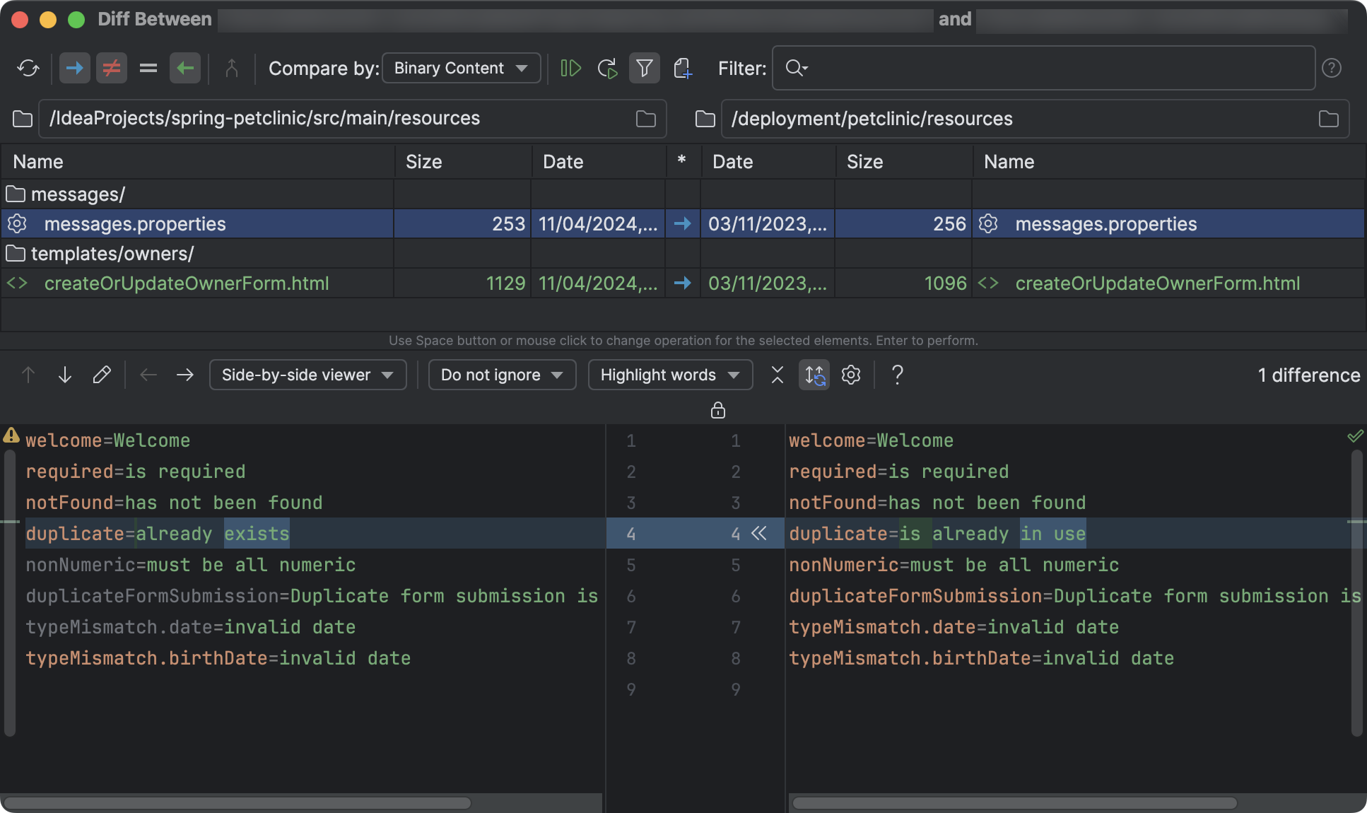 Compare deployed files and folders with their local versions | PyCharm Documentation