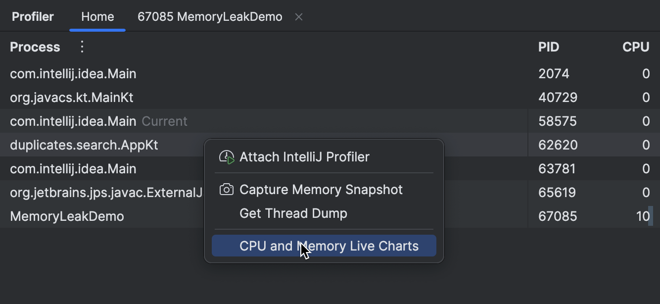 CPU 和内存实时图表 | IntelliJ IDEA 文档