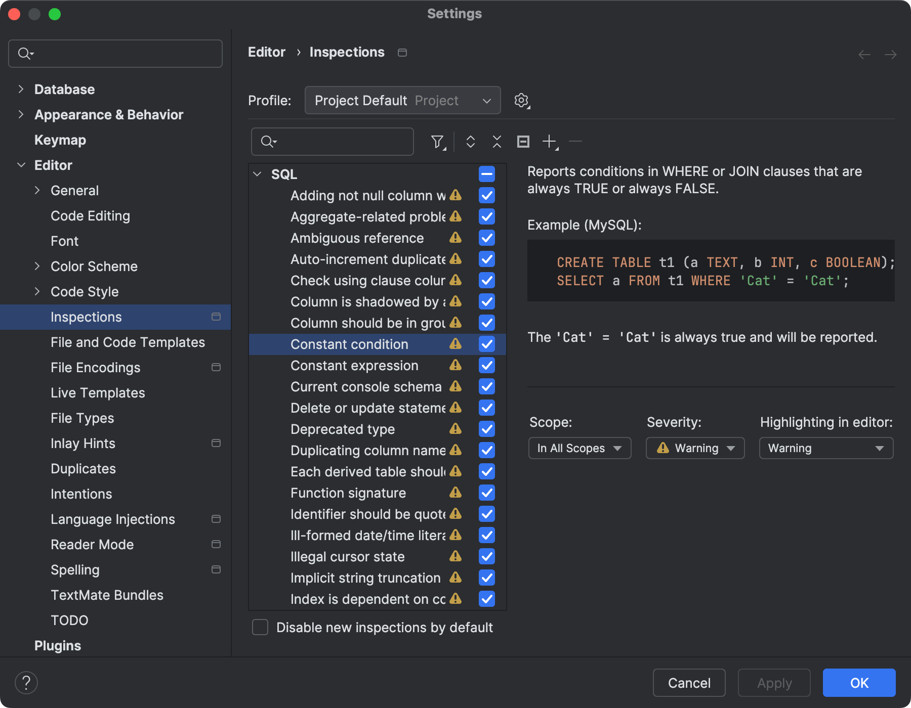 Code inspections | DataGrip Documentation