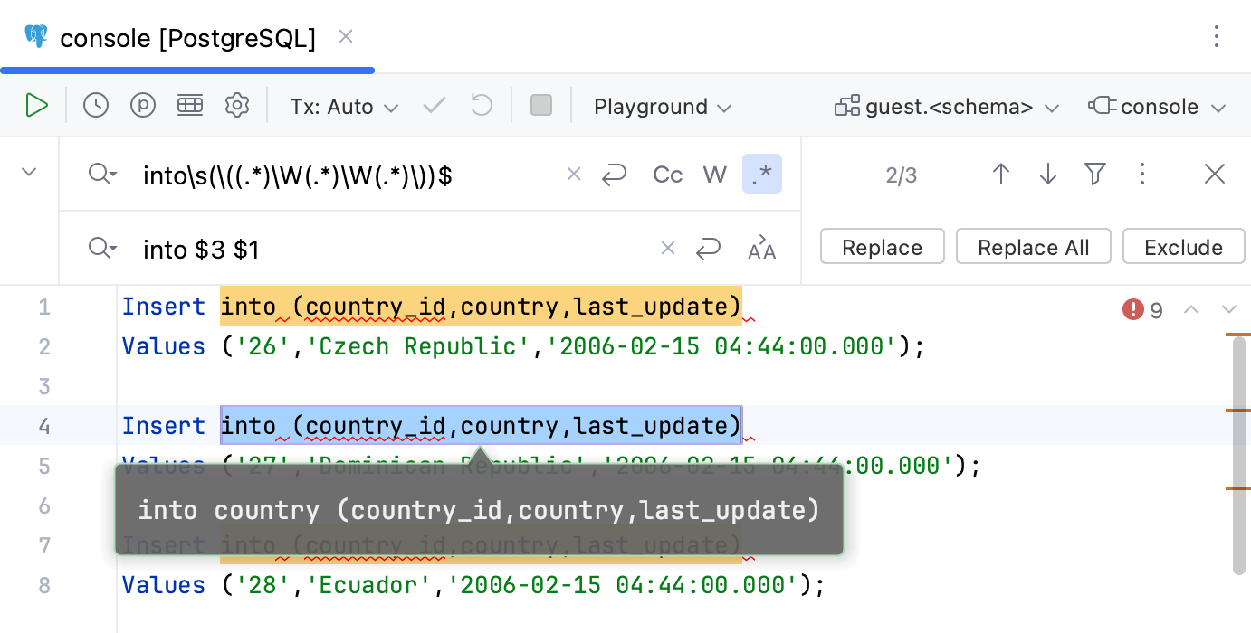 Find and replace text using regular expressions | DataGrip Documentation