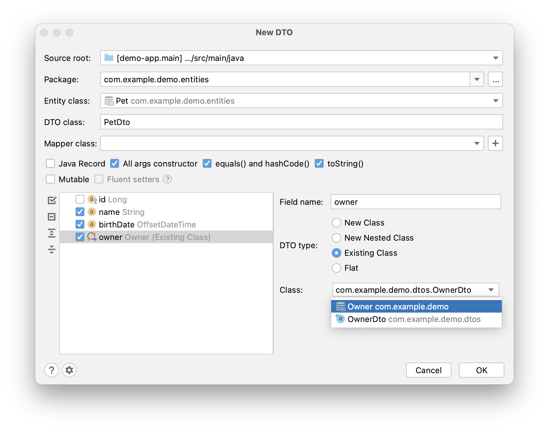 DTO Generator | IntelliJ IDEA 文档