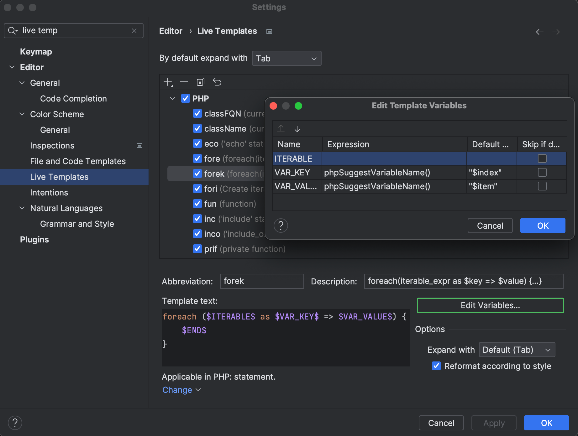 Live template variables | PhpStorm Documentation