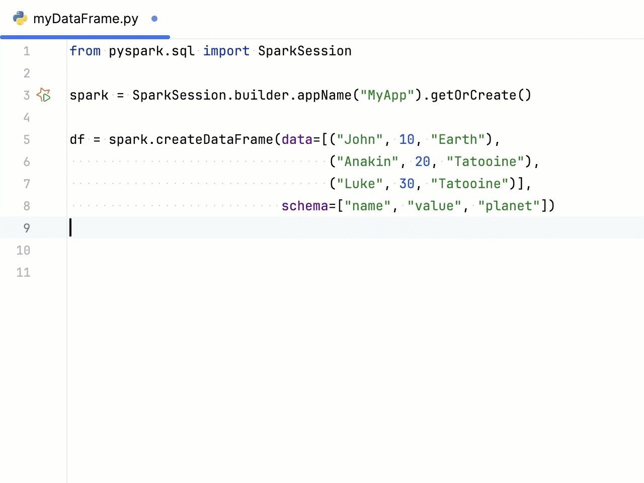Spark DataFrame 编码辅助 | PyCharm 文档