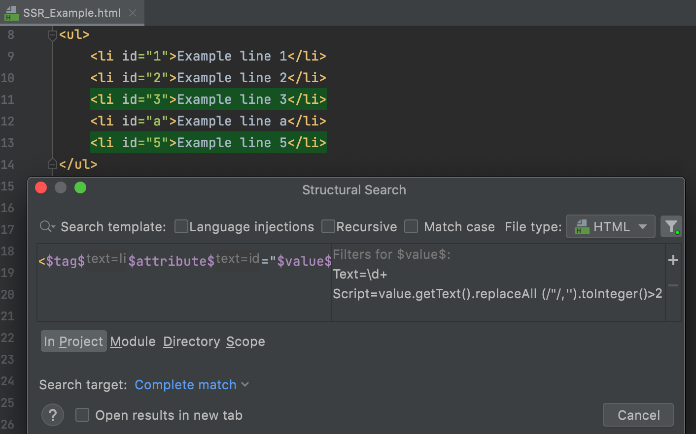 Structural search and replace examples | WebStorm Documentation