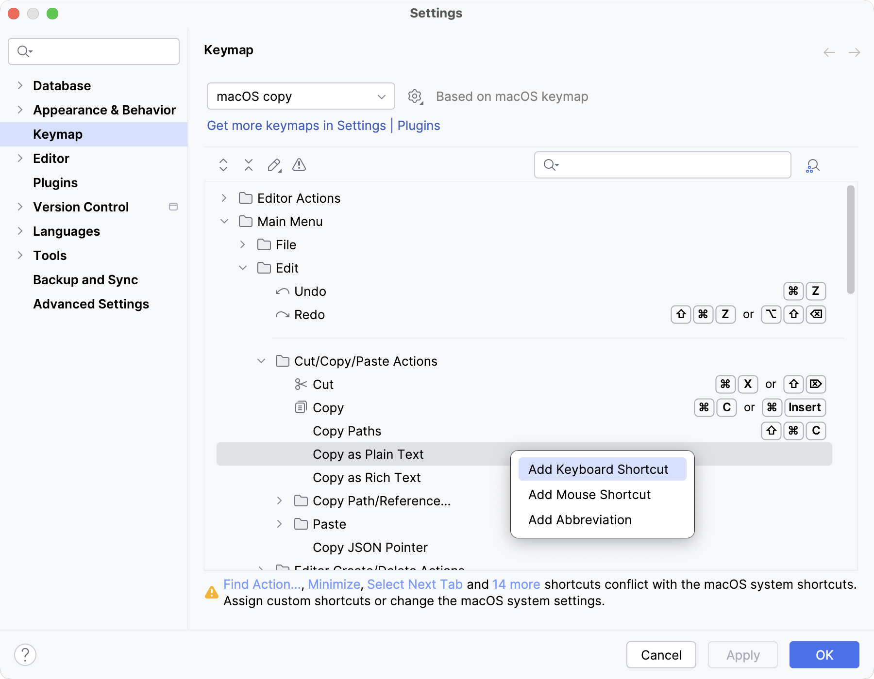 Configure keyboard shortcuts | DataGrip Documentation