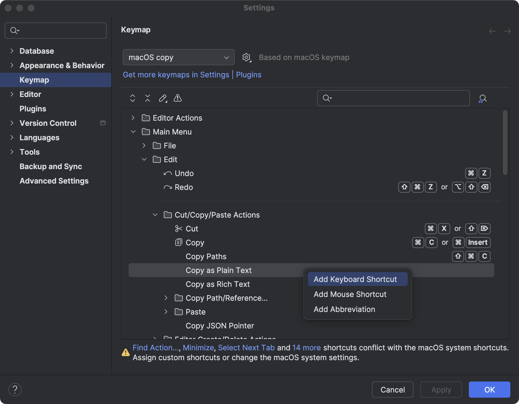 Configure keyboard shortcuts | DataGrip Documentation