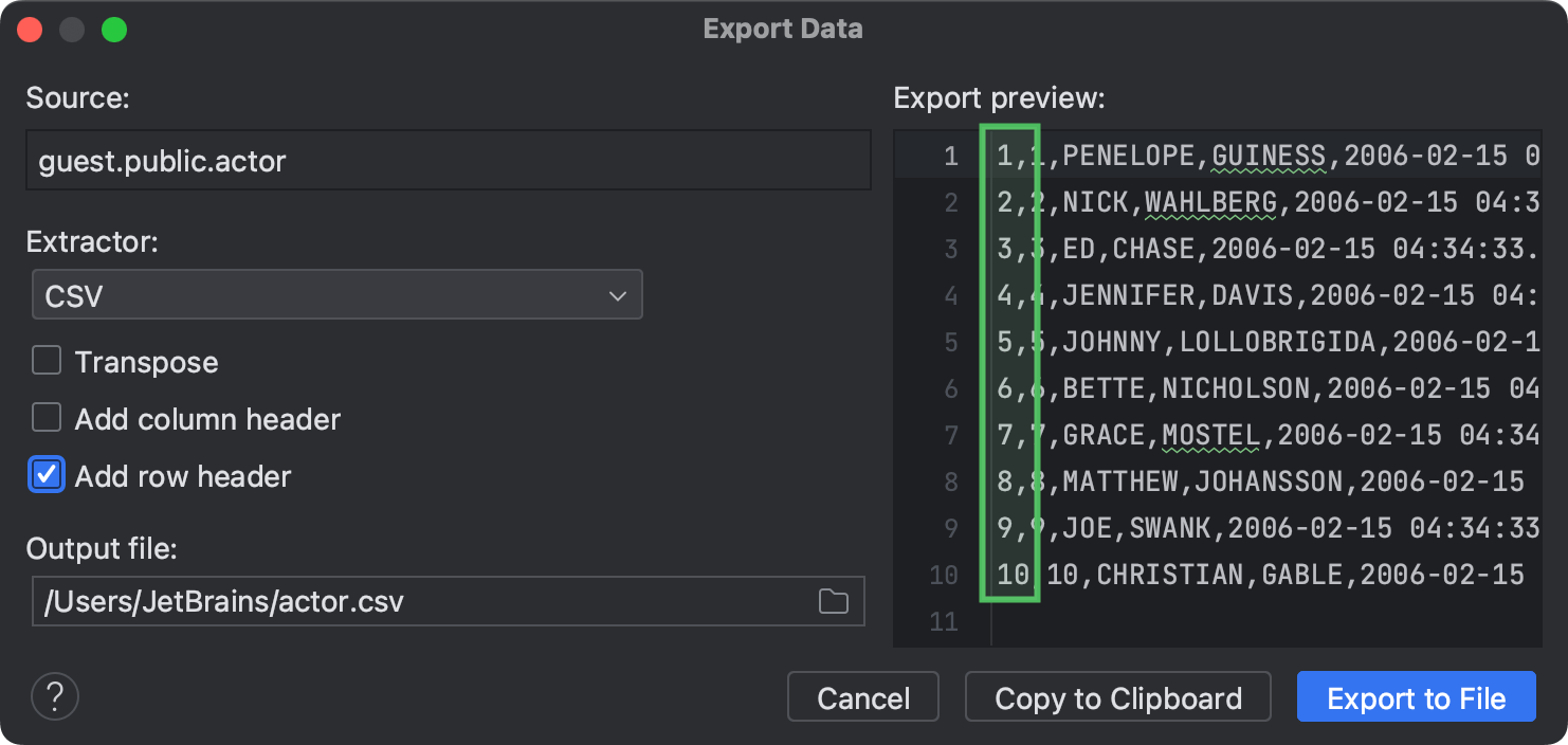 Export | DataGrip Documentation