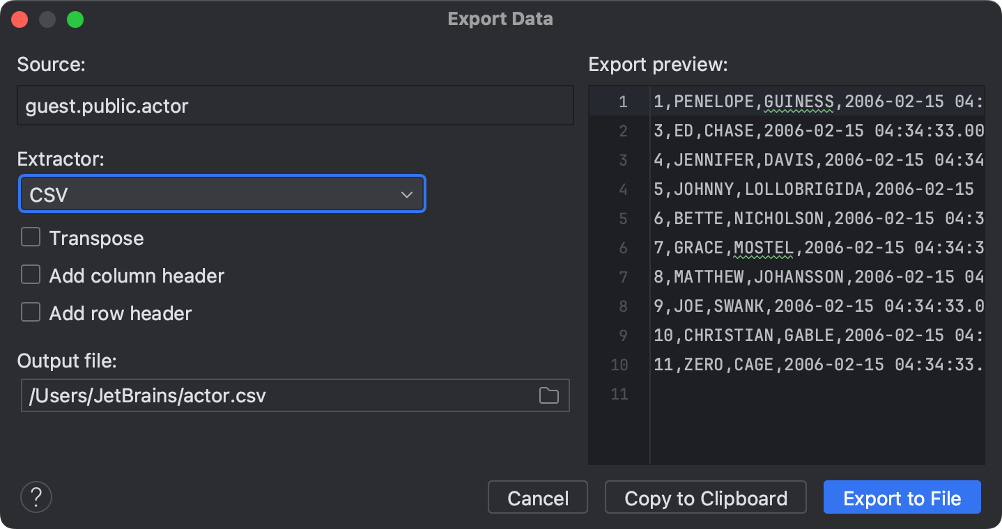 Export | DataGrip Documentation