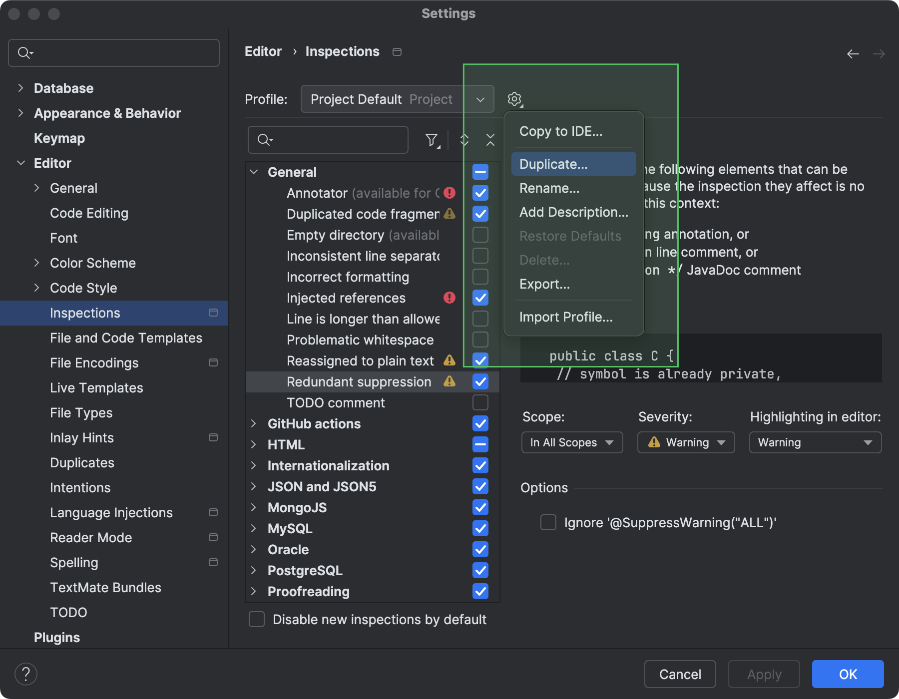 Inspection profiles | DataGrip Documentation
