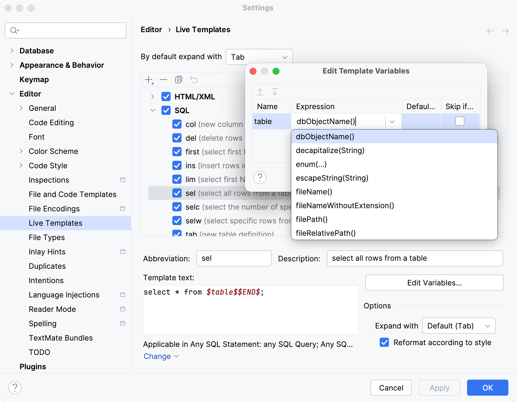 Live template variables | DataGrip Documentation