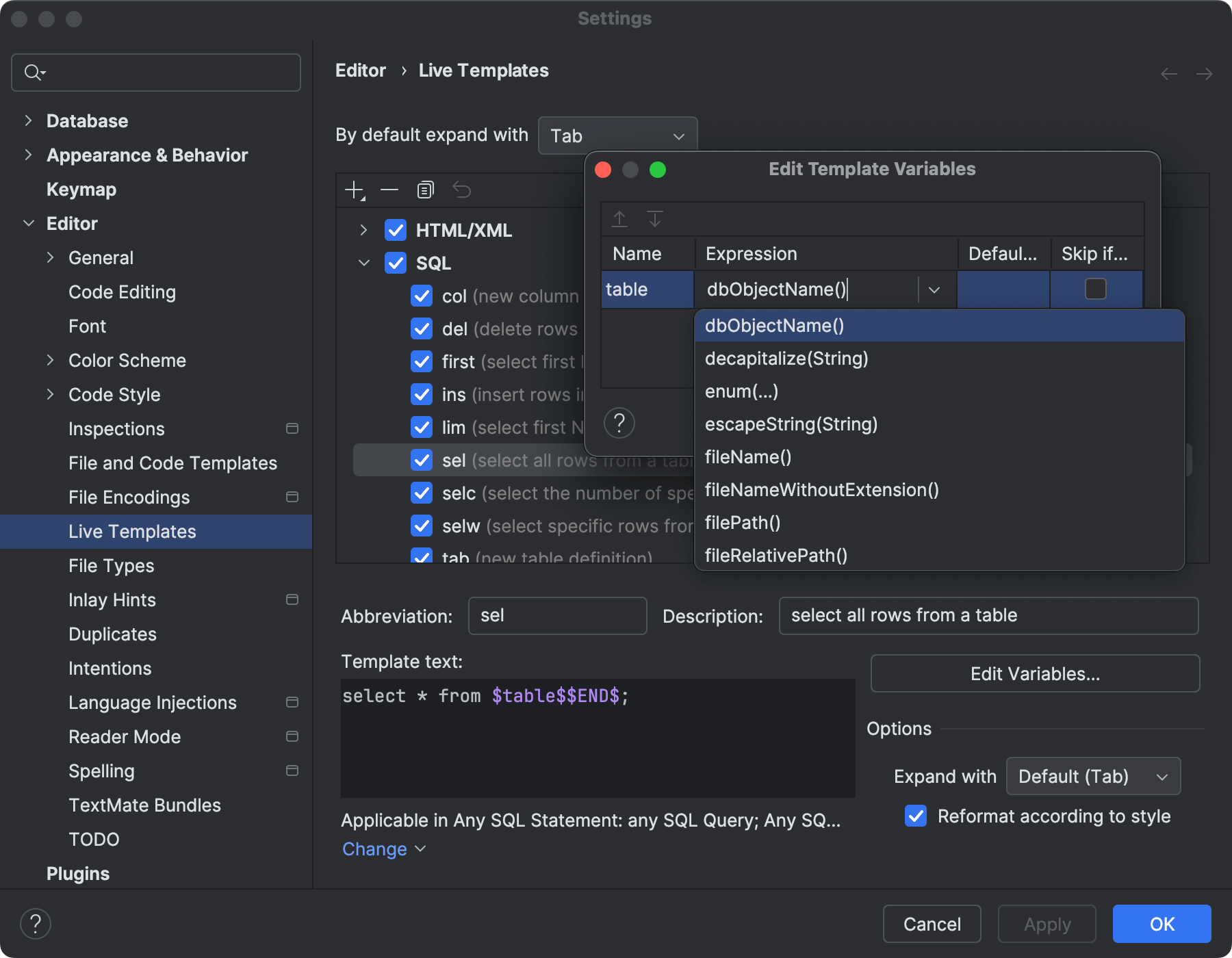 Live template variables | DataGrip Documentation