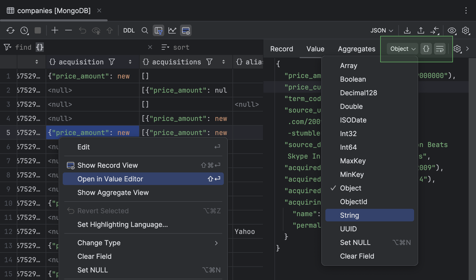 Editing data in MongoDB | RustRover Documentation