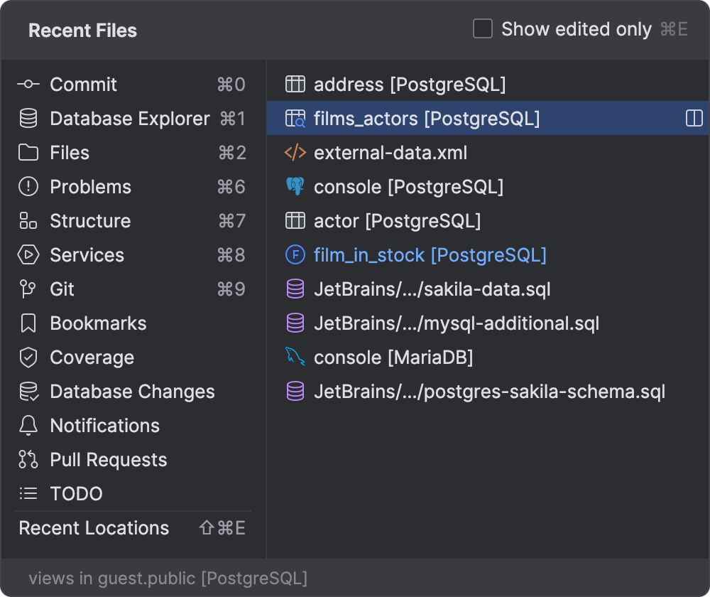 Recent files and changes | DataGrip Documentation