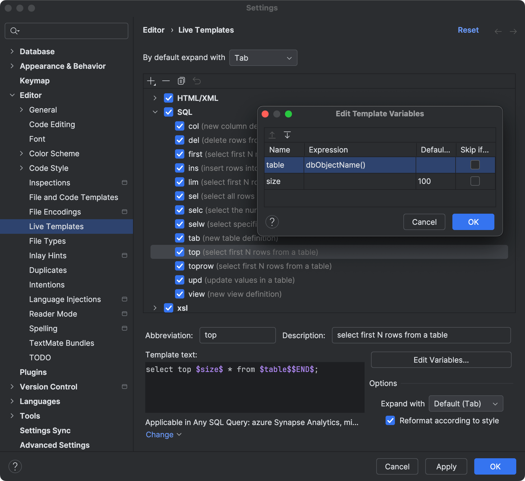 Context live templates | DataGrip Documentation