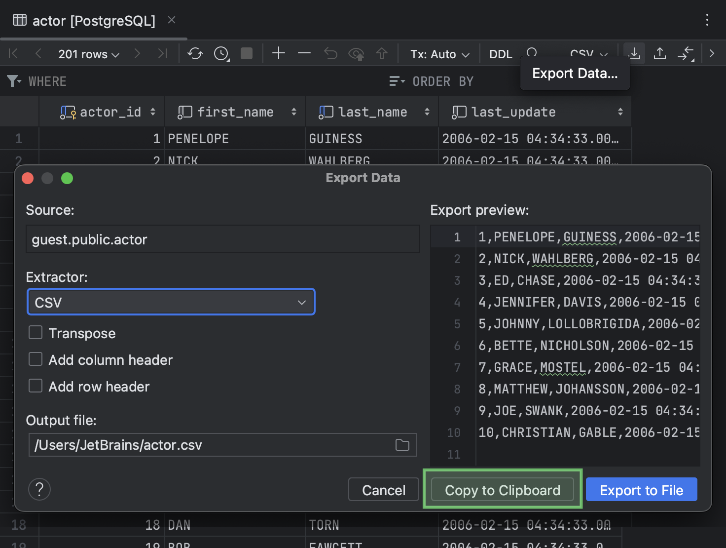 Export | DataGrip Documentation