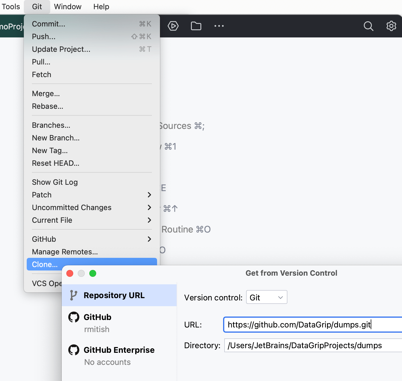 Start a GitHub project in DataGrip | DataGrip Documentation