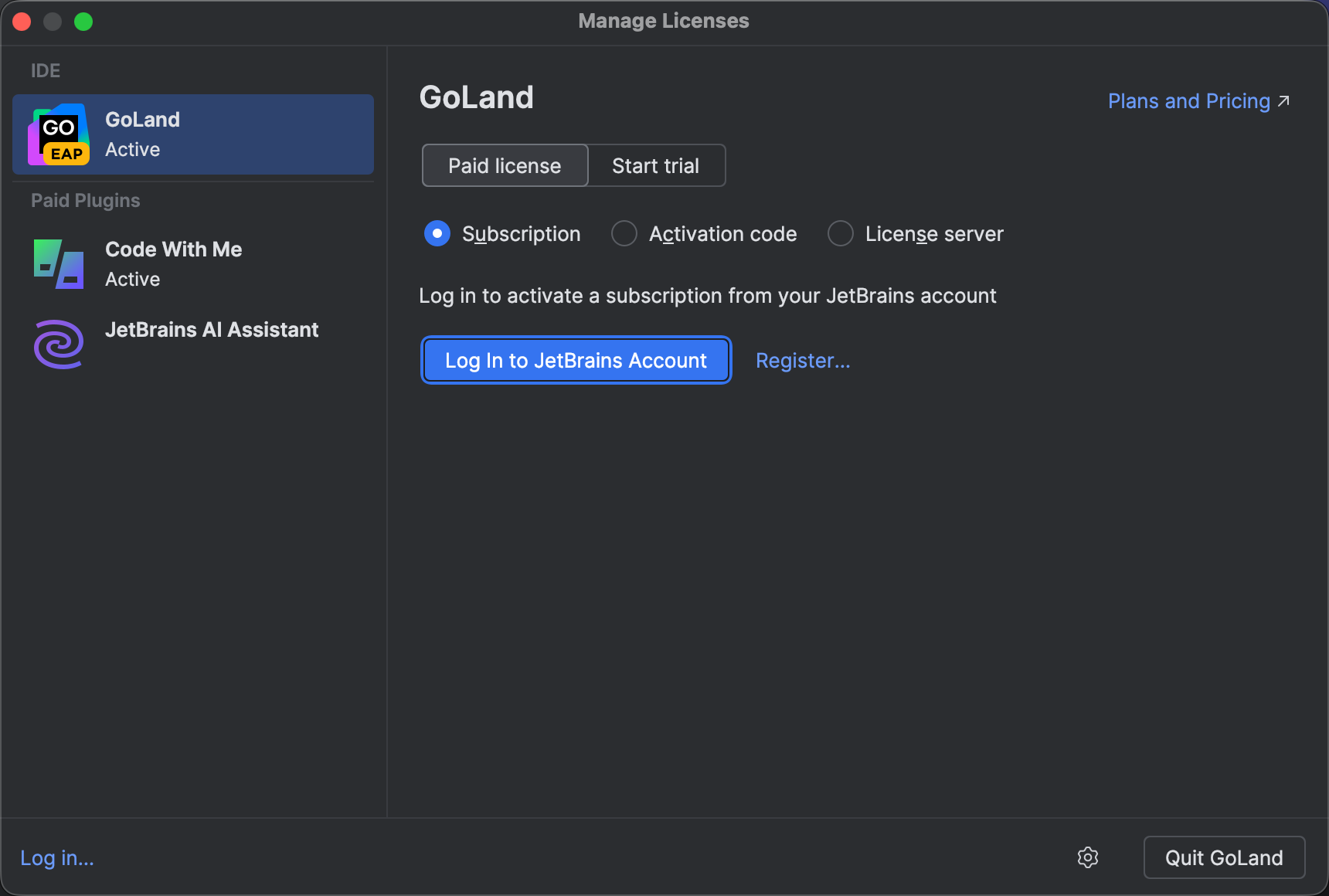 Register GoLand | GoLand Documentation