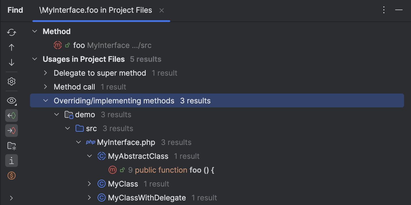 Tutorial: Find usages of implemented and overridden PHP methods | PhpStorm Documentation