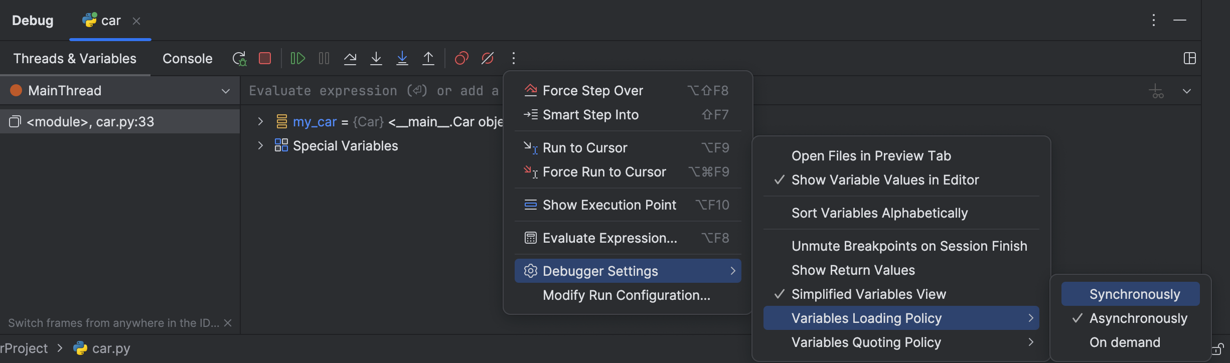 Managing Variables Loading Policy | PyCharm Documentation