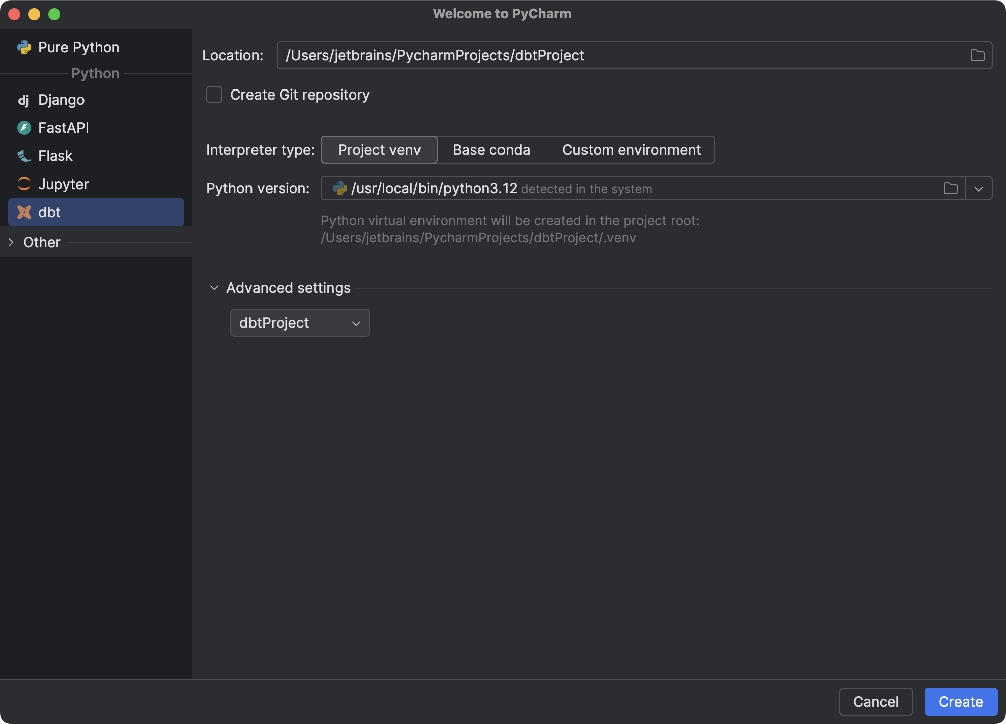 Create and configure a dbt project | PyCharm Documentation