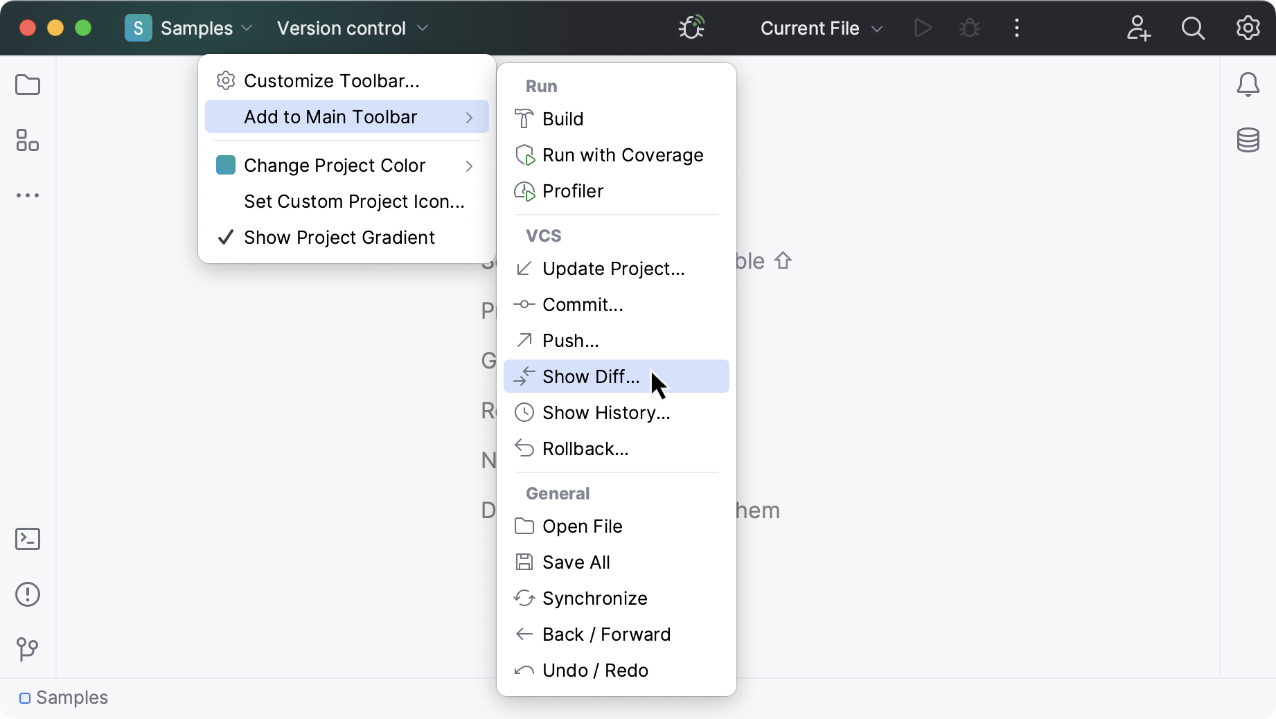 Menus and toolbars | RubyMine Documentation