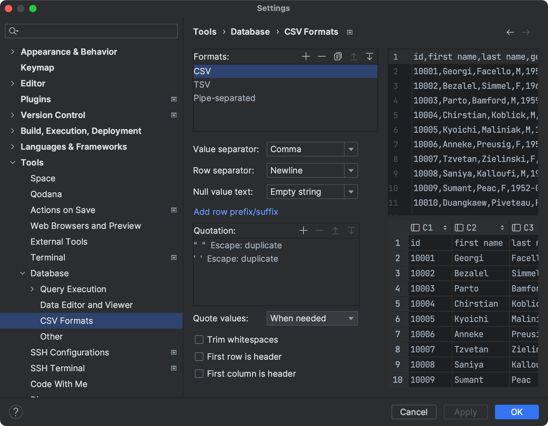 CSV Formats | CLion Documentation