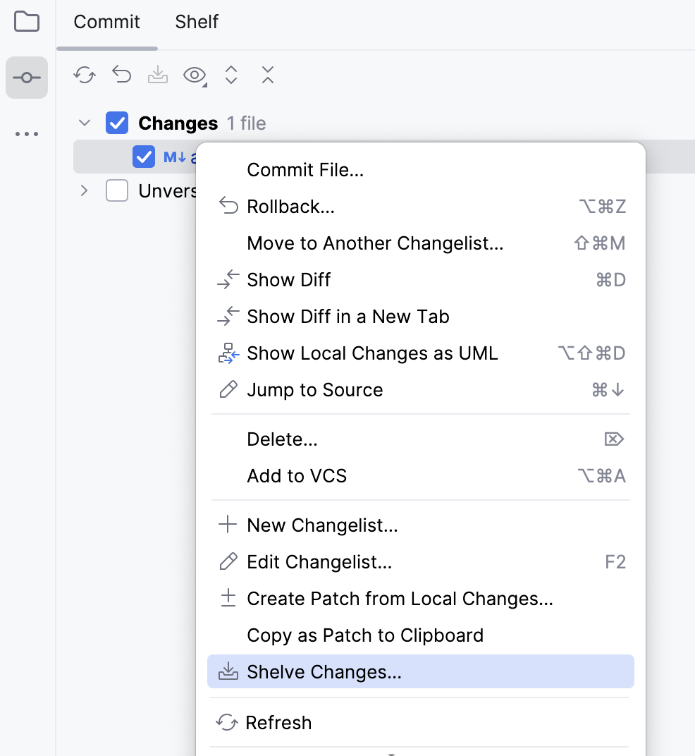 Shelve or stash changes | IntelliJ IDEA Documentation