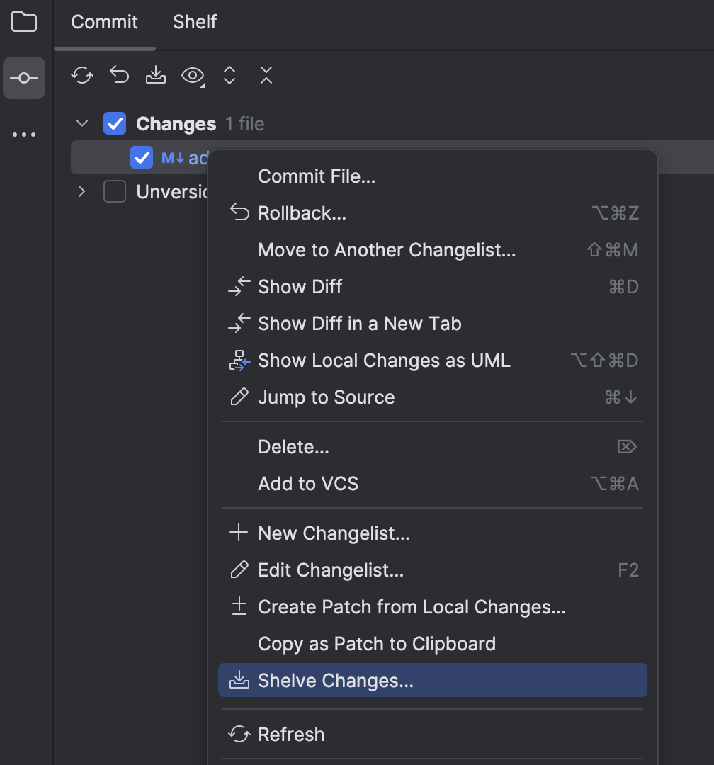 Shelve or stash changes | IntelliJ IDEA Documentation