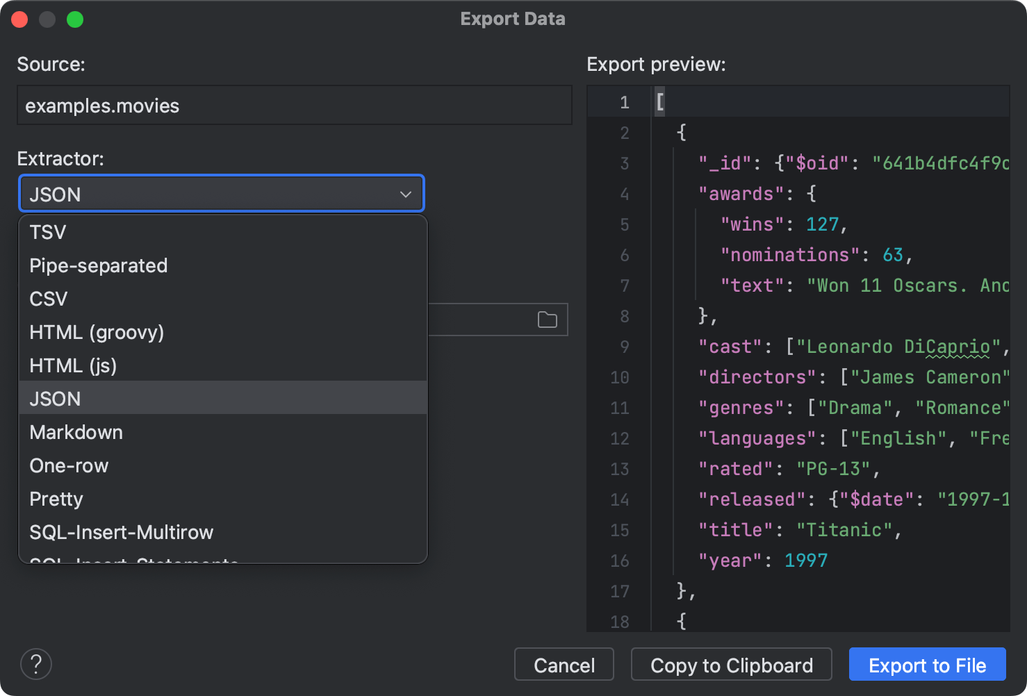 Export | DataGrip Documentation