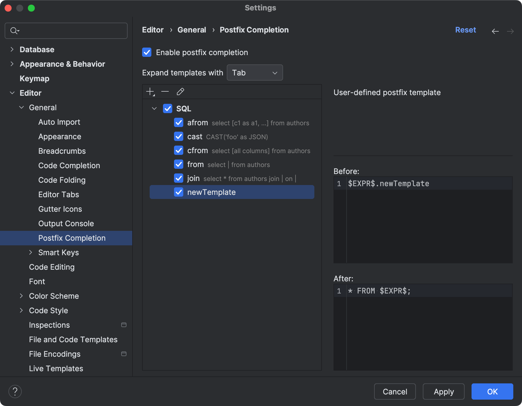 Postfix Completion | DataGrip Documentation