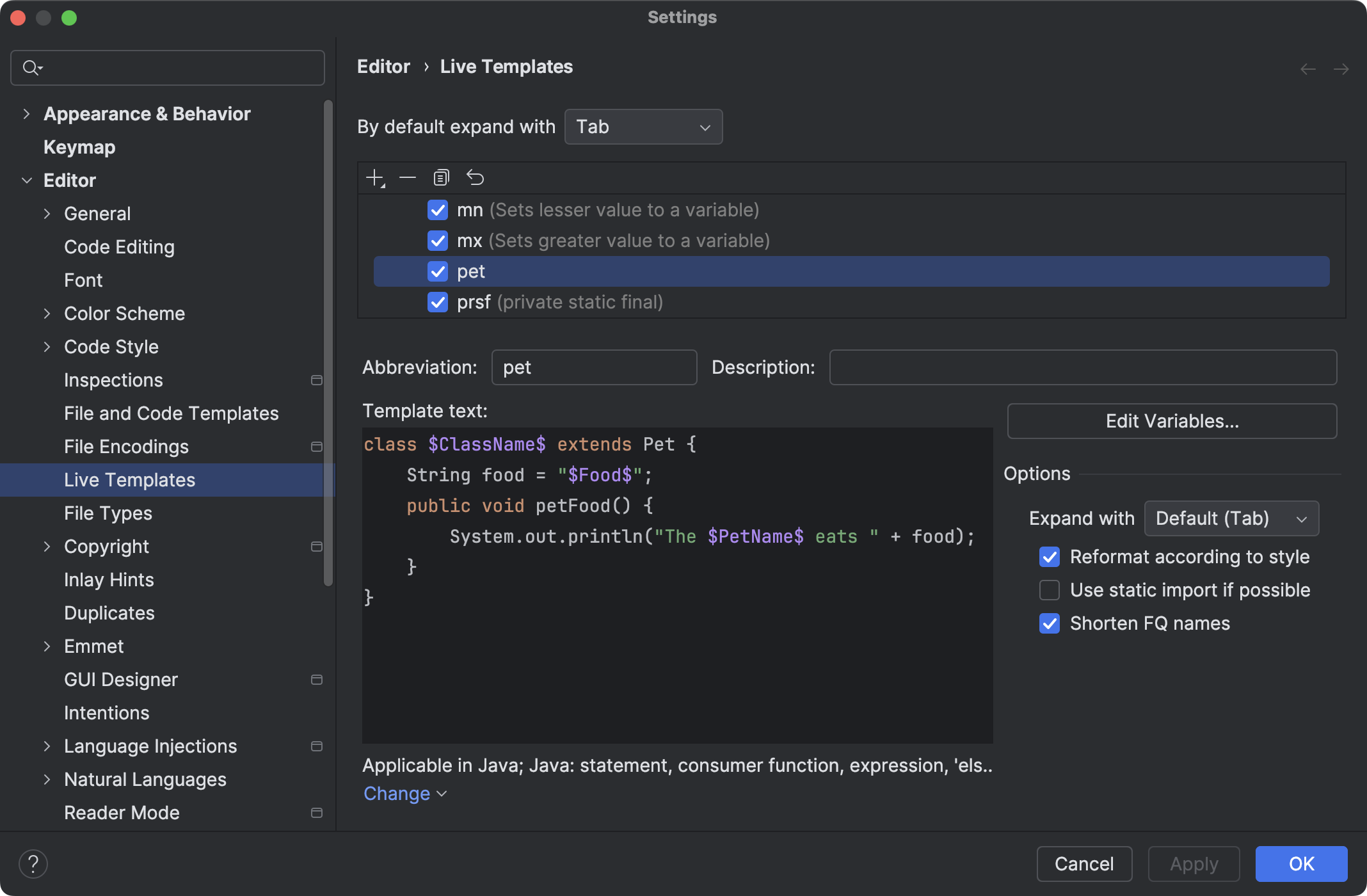 Tutorial: Create a live template with variables and functions | IntelliJ IDEA Documentation