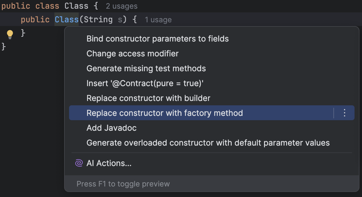 Replace constructor with factory method | IntelliJ IDEA Documentation
