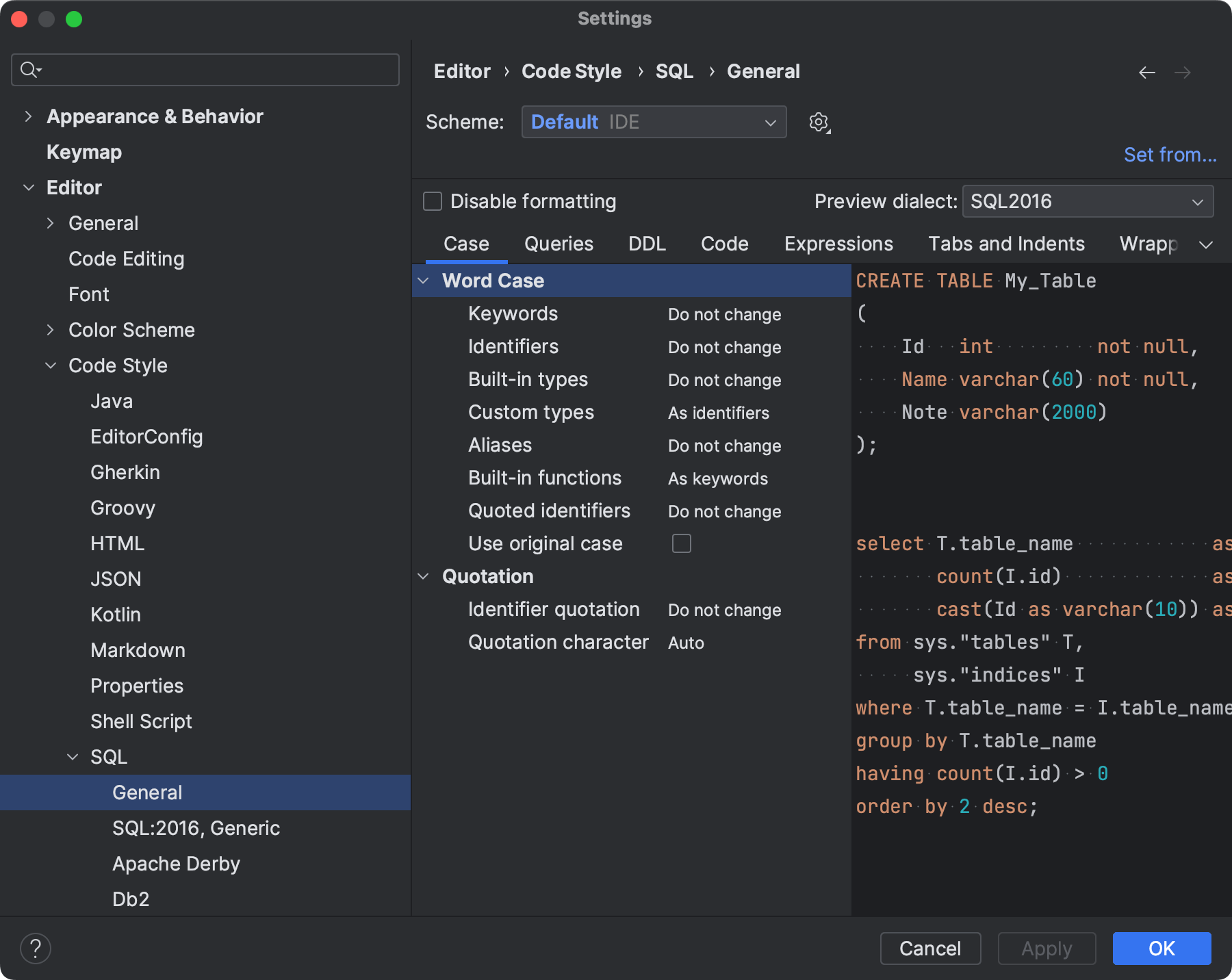 Configure the SQL code style | CLion Documentation