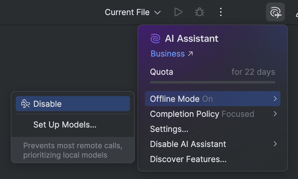 Switch to offline mode | AI Assistant Documentation
