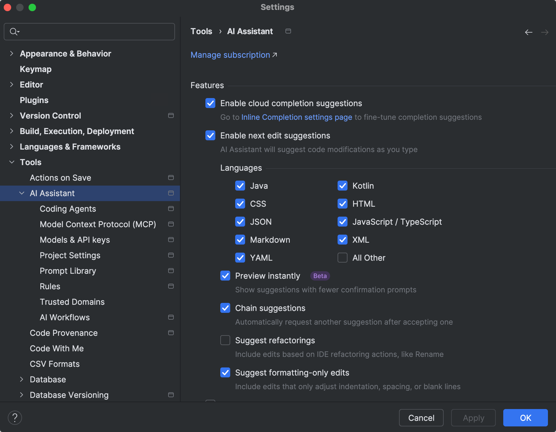 Settings reference | AI Assistant Documentation