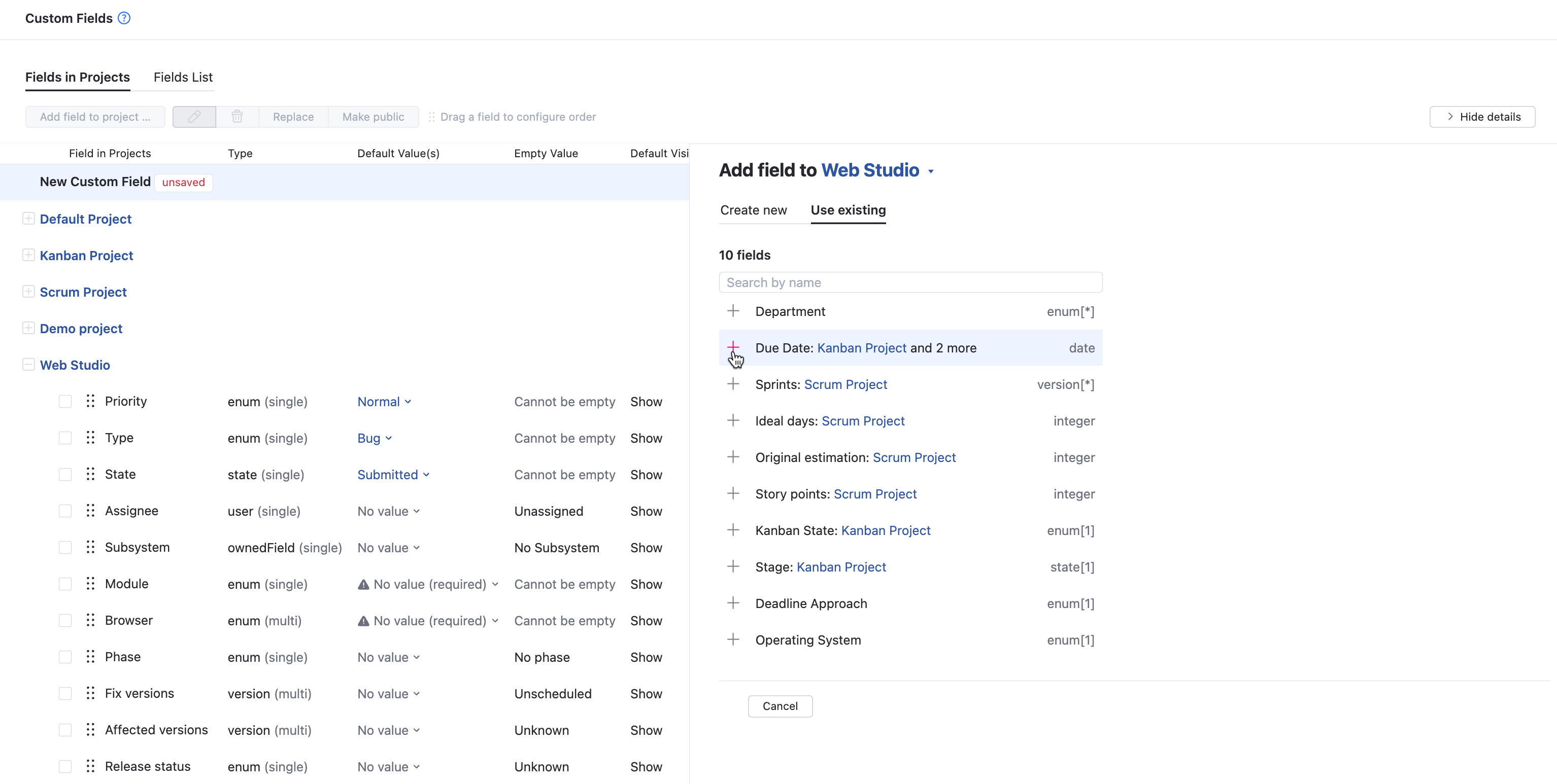 Manage Fields in Projects | YouTrack Cloud Documentation