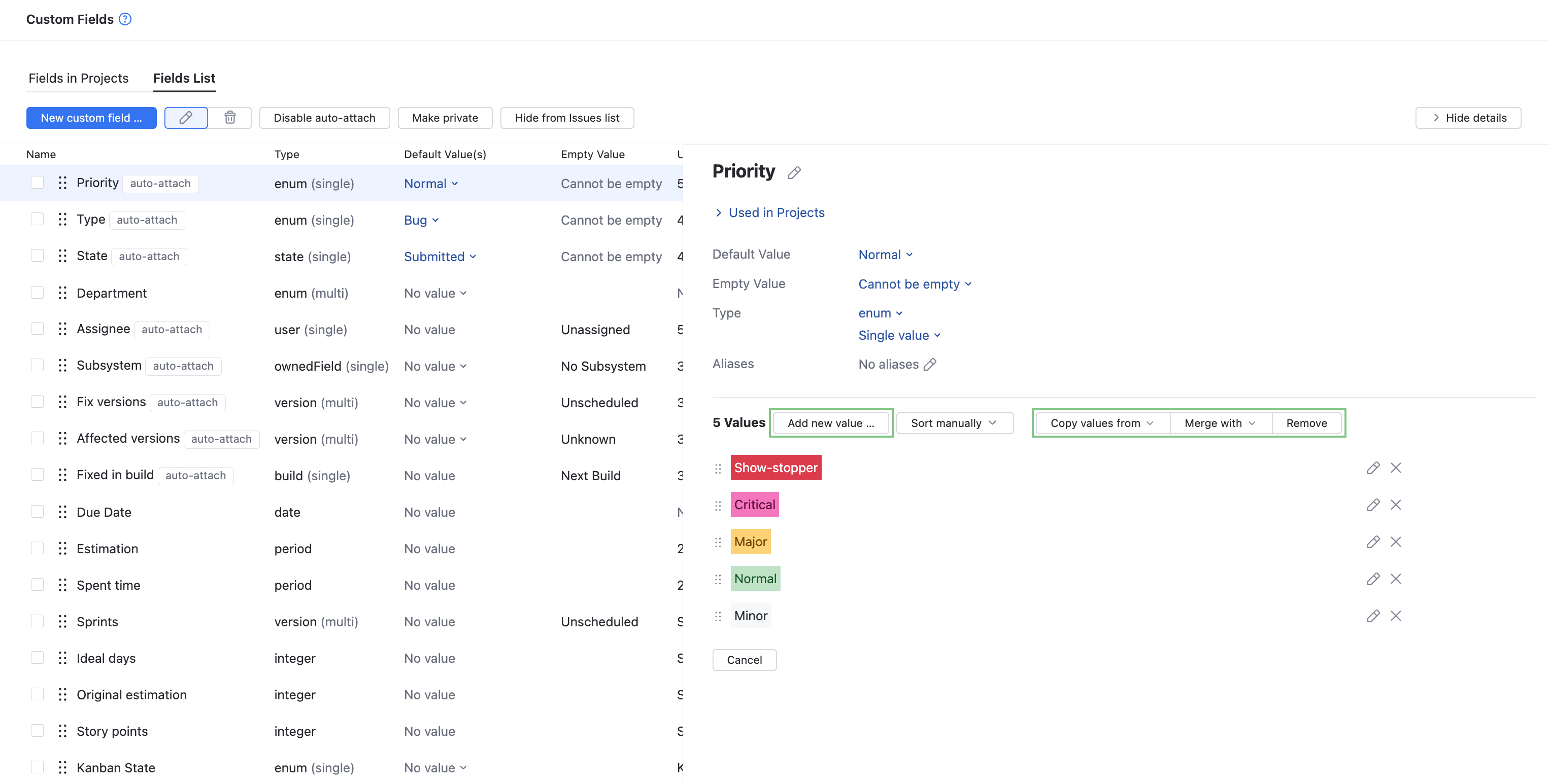 Manage Sets of Values | YouTrack Cloud Documentation