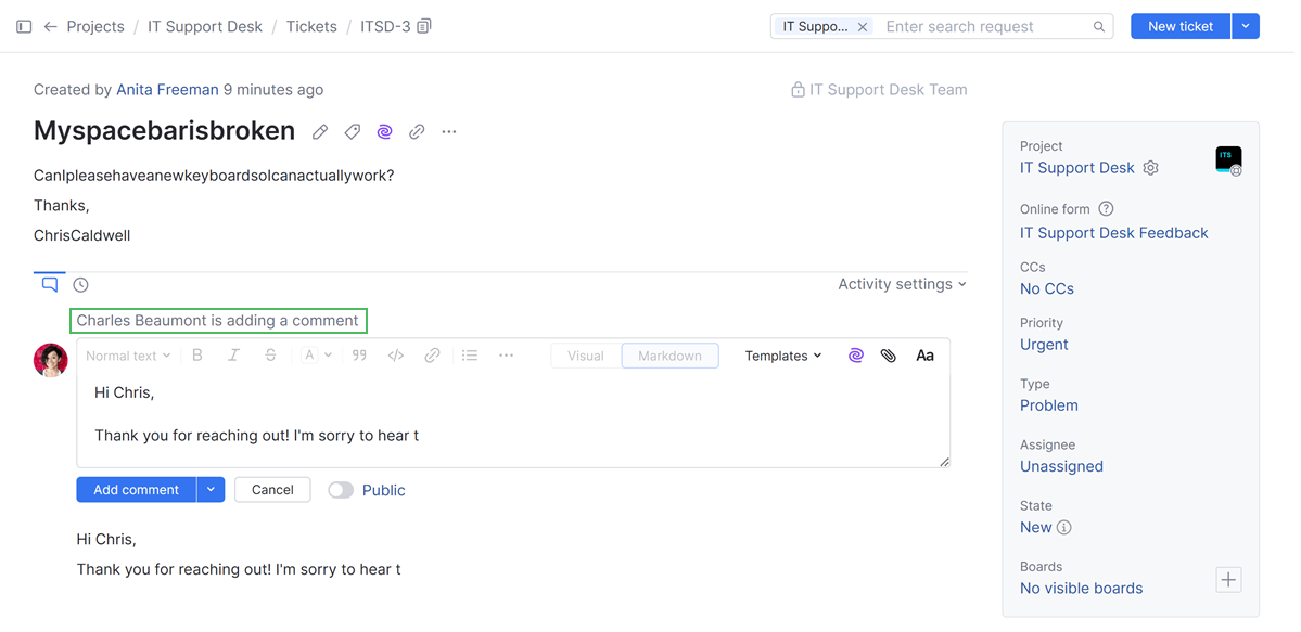 Typing Indicator for Comments | YouTrack Cloud Documentation