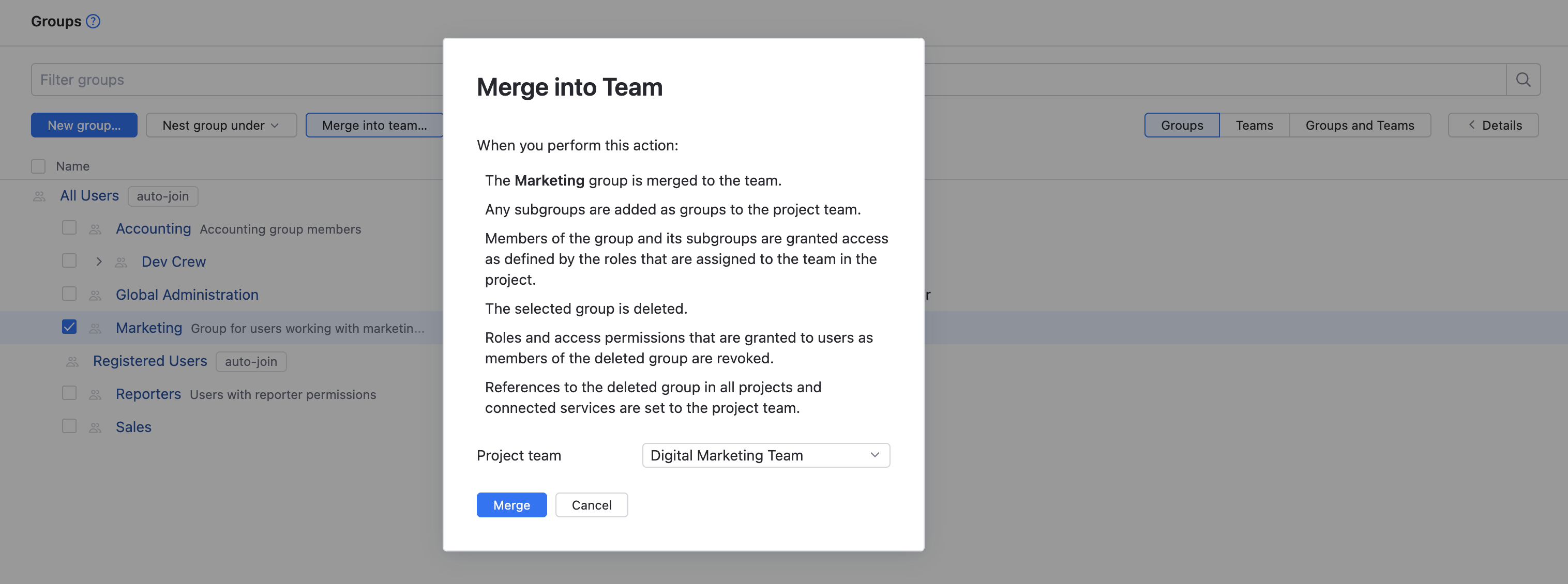 Merge a Group into a Project Team | YouTrack Cloud Documentation