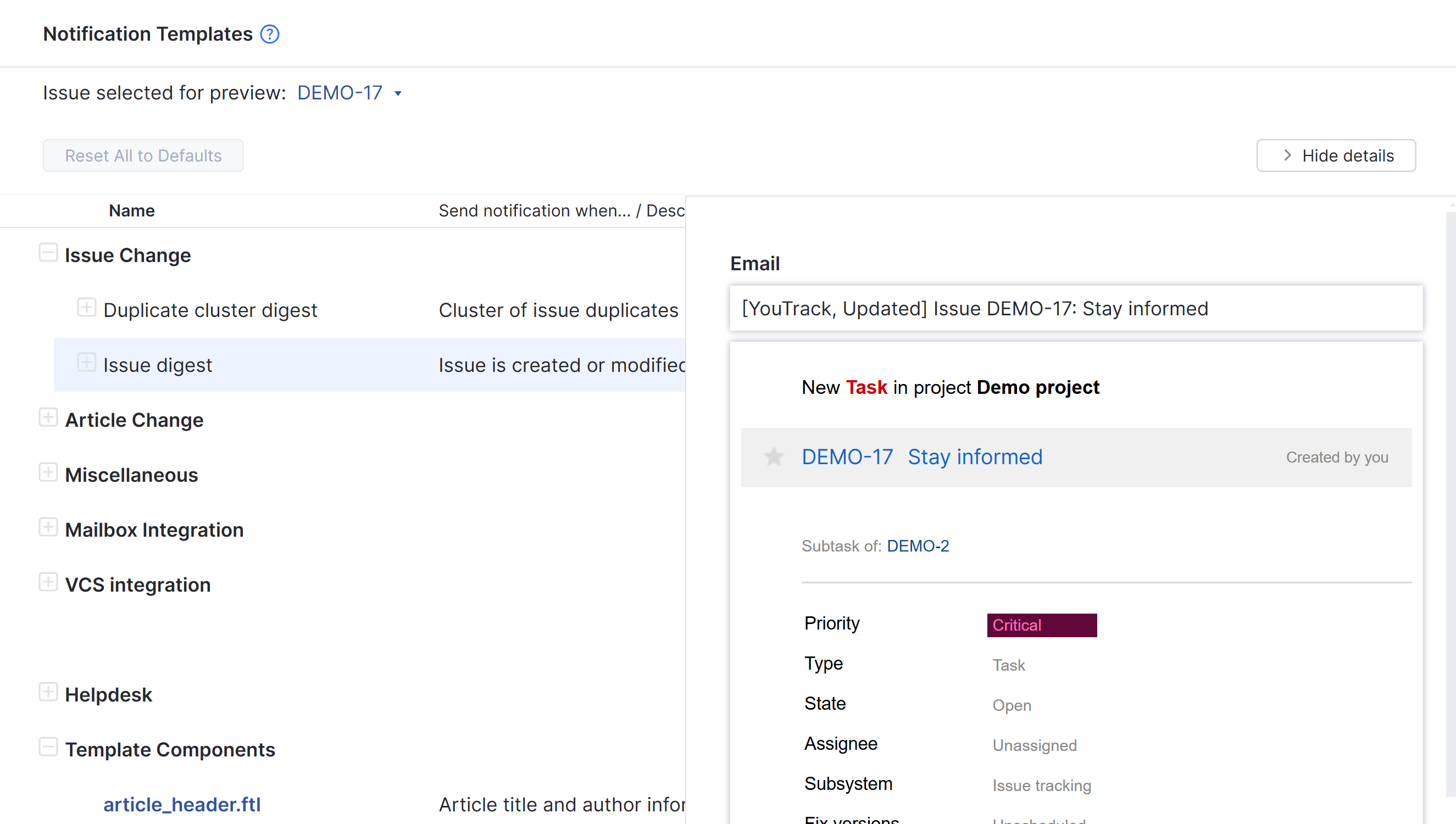 Notification Templates | YouTrack Cloud Documentation